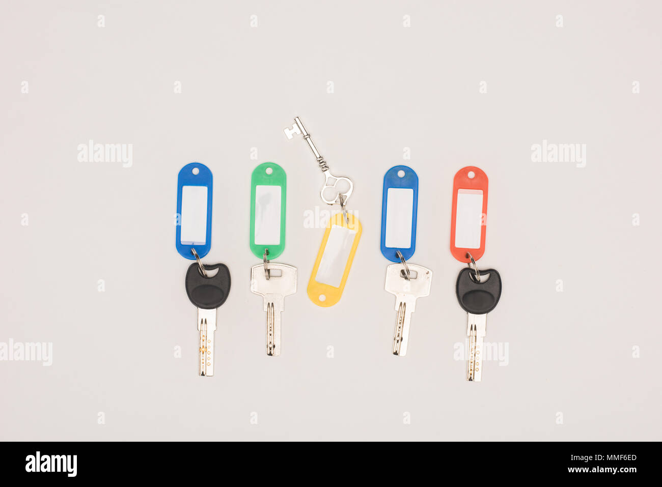 top view set of different keys with colorful labels isolated on white ...