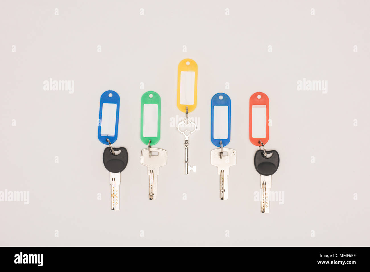 top view of set different keys with colorful labels isolated on white ...