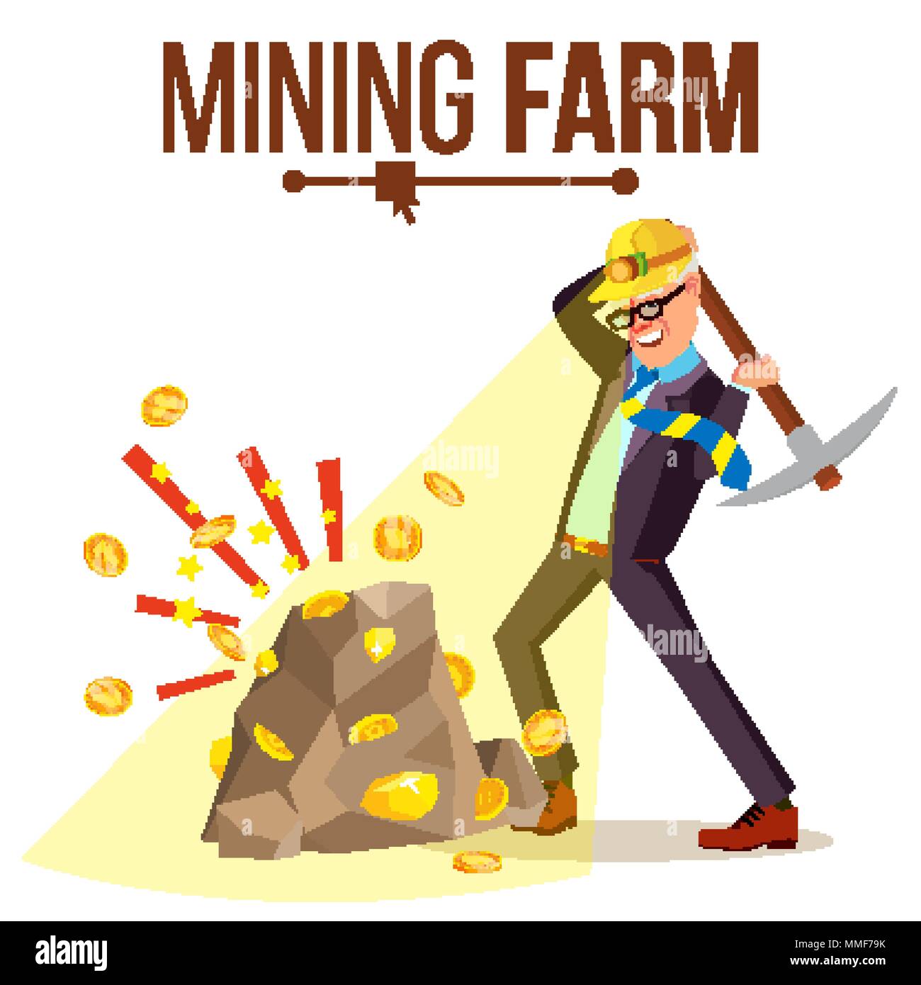 Mining Farm Vector. Businessman Miner. Digital Coin. Component Data ...