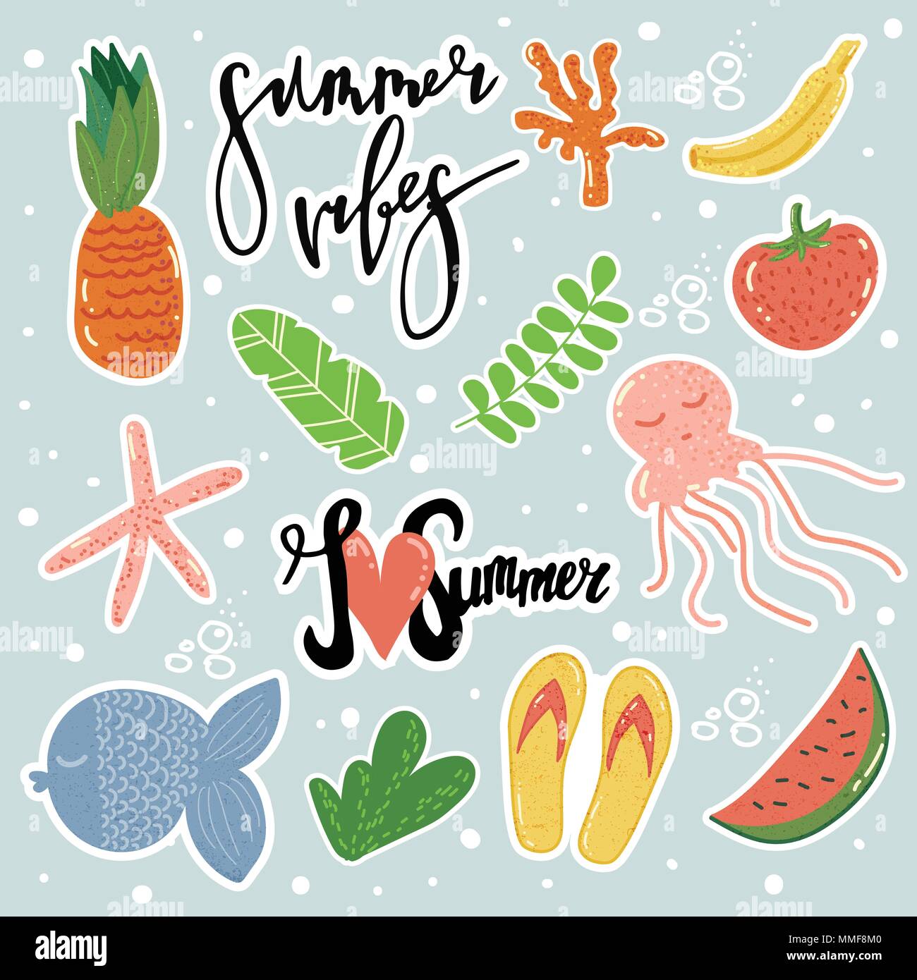 Vector cartoon style summer stickers - drawings and lettering. Concept ...