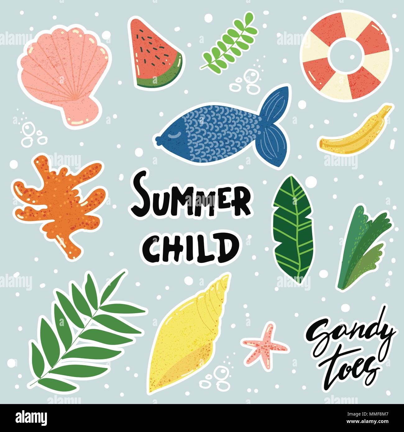 Vector cartoon style summer stickers - drawings and lettering. Concept ...