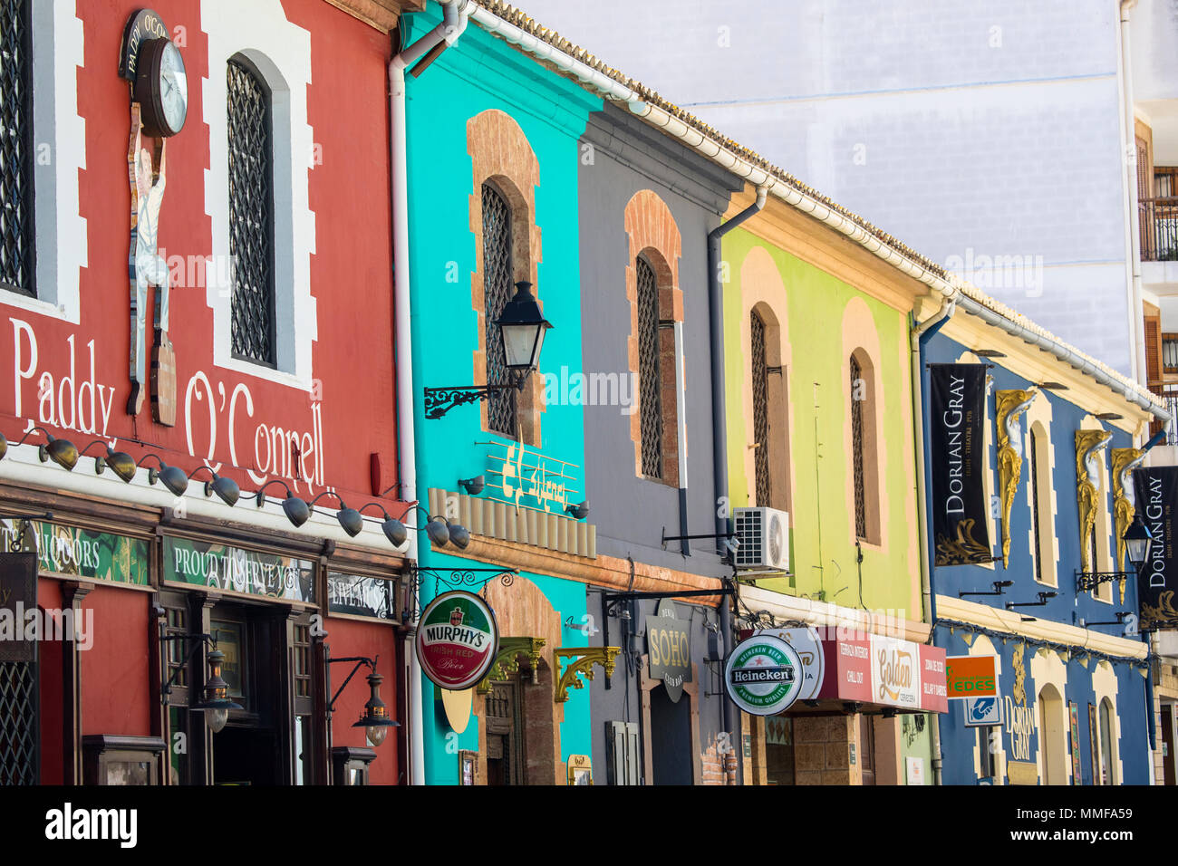DENIA, SPAIN - APRIL 12TH 2018: A view of the bars on Carrer de la Mar ...