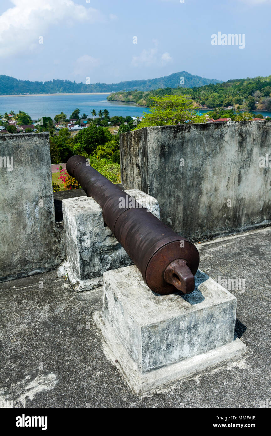 An antique cannon defends a Dutch colonial fort on a tropical island ...