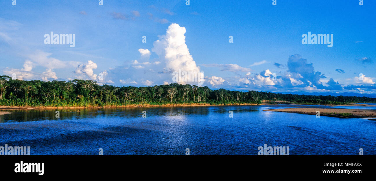 Billowing rain clouds rise above the Amazon rainforest and a wide ...