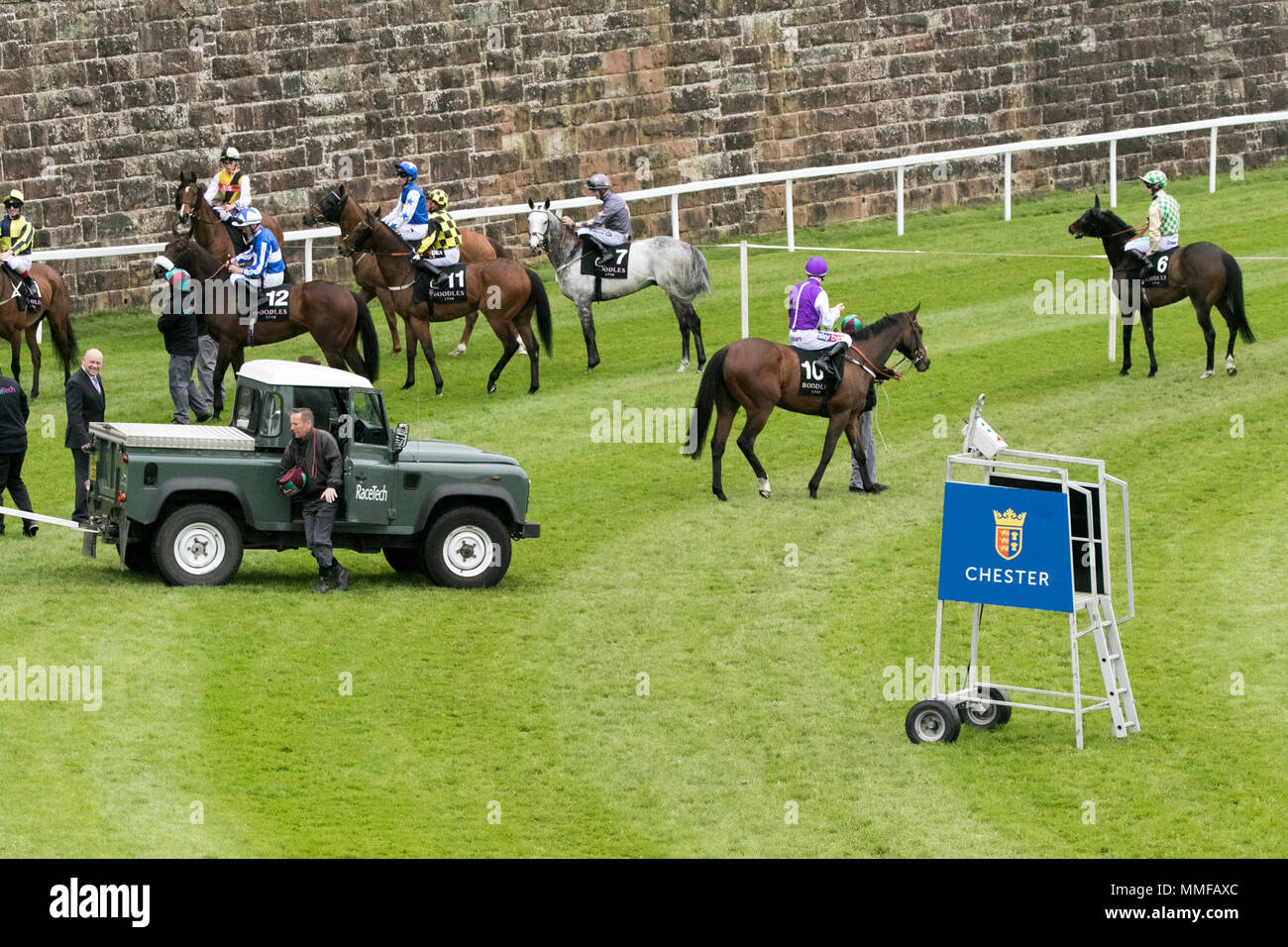 Jockeys and racehorses warm up before a sprint race at Chester races ...