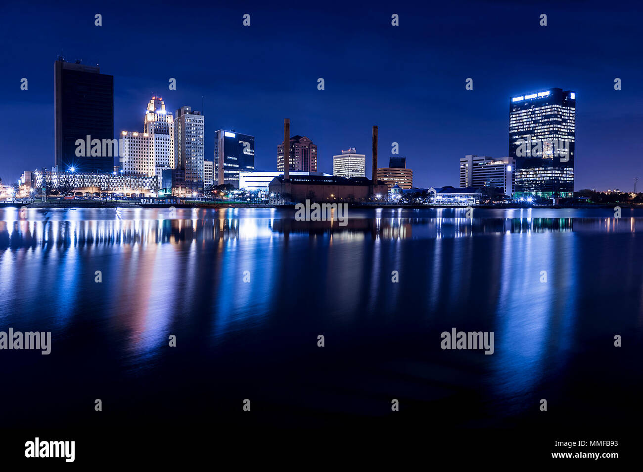 A panoramic view of downtown Toledo Ohio's skyline at night from across ...