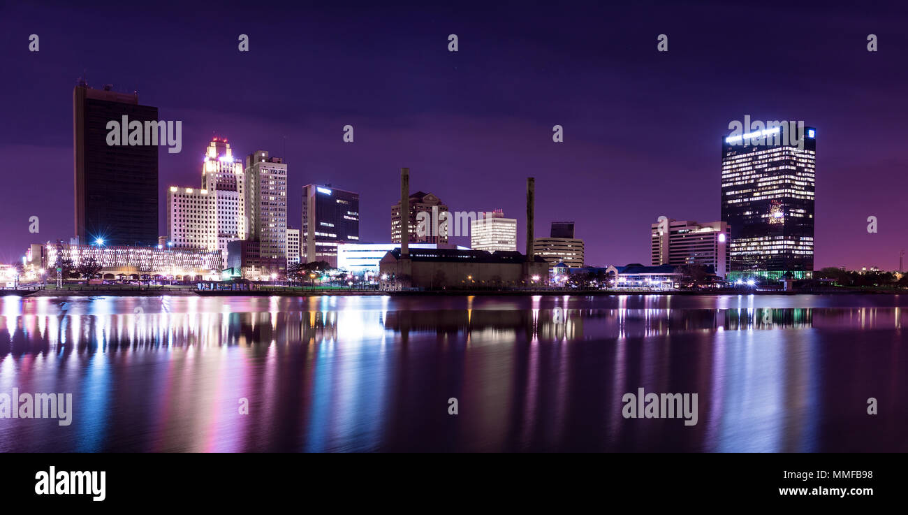 A panoramic view of downtown Toledo Ohio's skyline at night from across ...