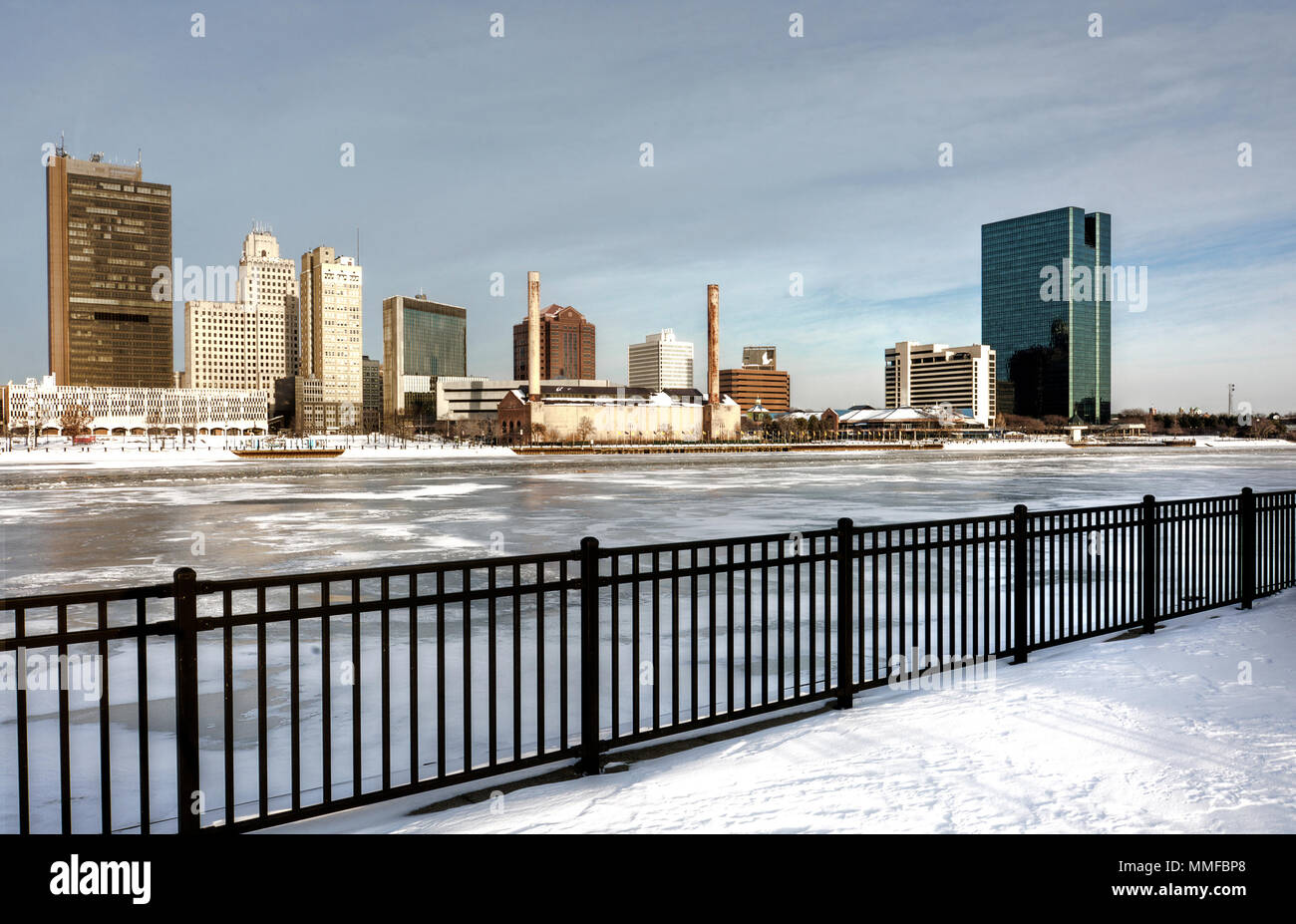 A view of downtown Toledo Ohio's skyline from across the frozen and ...