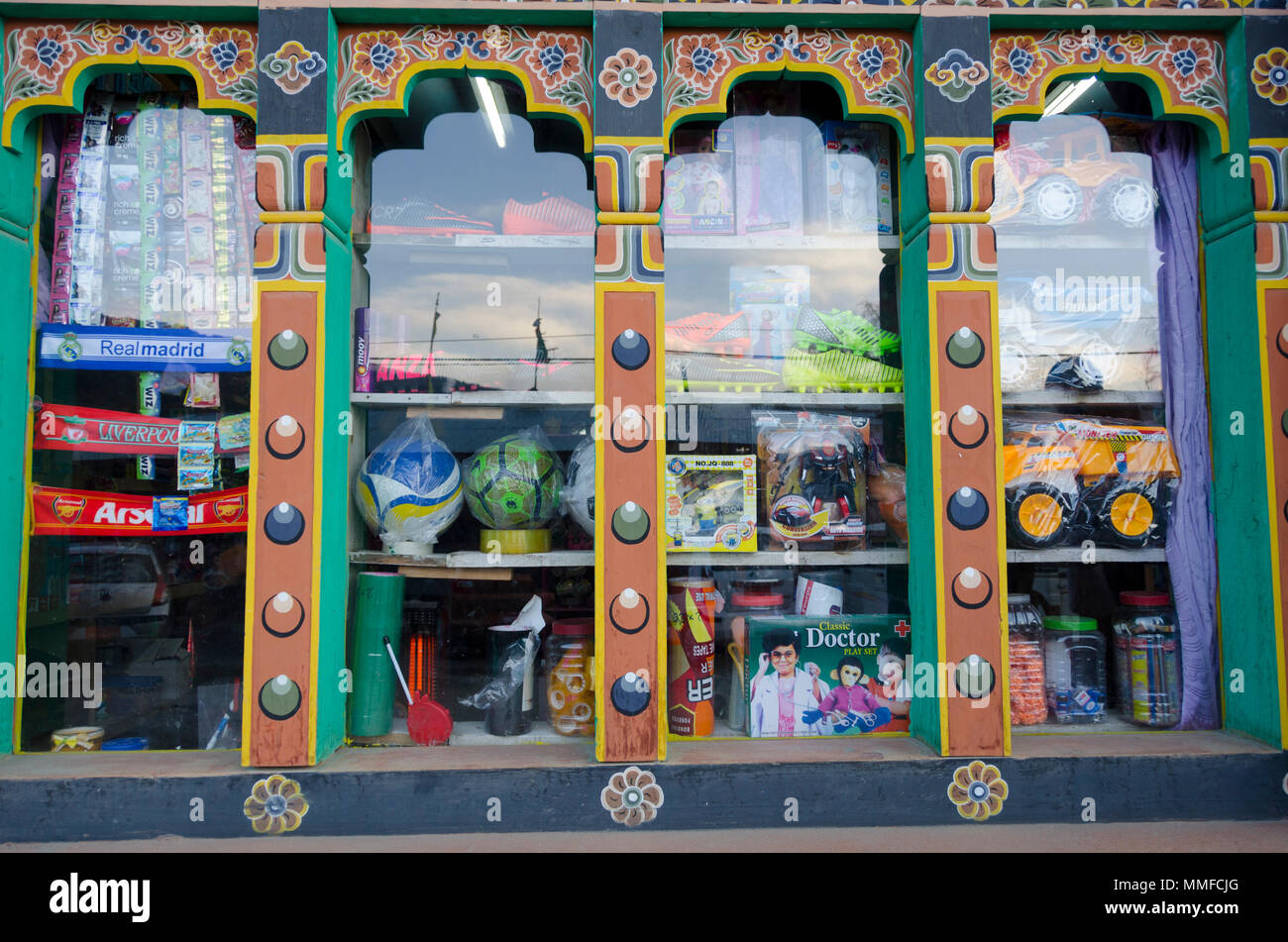 Decorated shop windows, Jakar, Bumthang, Bhutan Stock Photo - Alamy