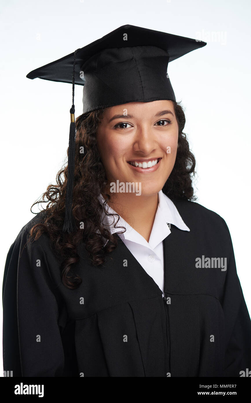 Cheerful graduated student girl portrait isolated on white background ...