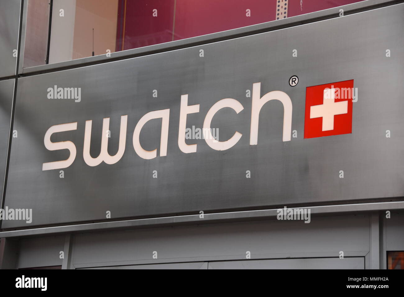 10 May 2018, Germany, Cologne: The logo of watch company Swatch is ...
