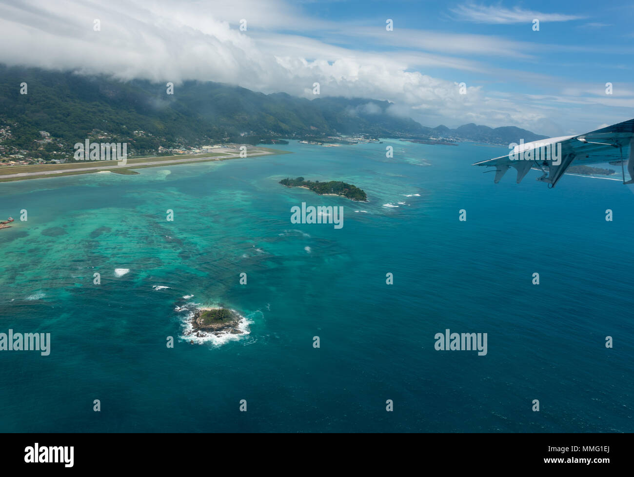Aerial view of Seychelles International Airport, Ile Anonyme and Ile ...