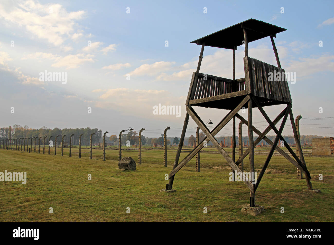 AUSCHWITZ, POLAND, OCTOBER 12, 2013: Watchtower and fence at ...