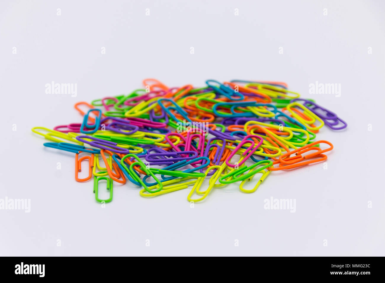 Colourful neon paper clips / fasteners isolated on a white background ...