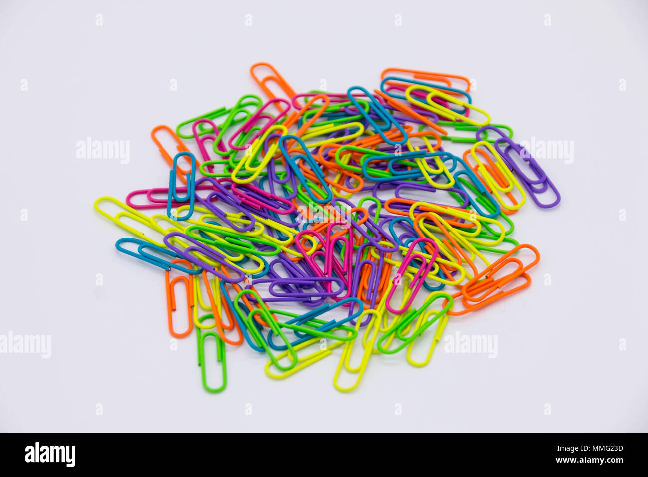 Colourful neon paper clips / fasteners isolated on a white background ...