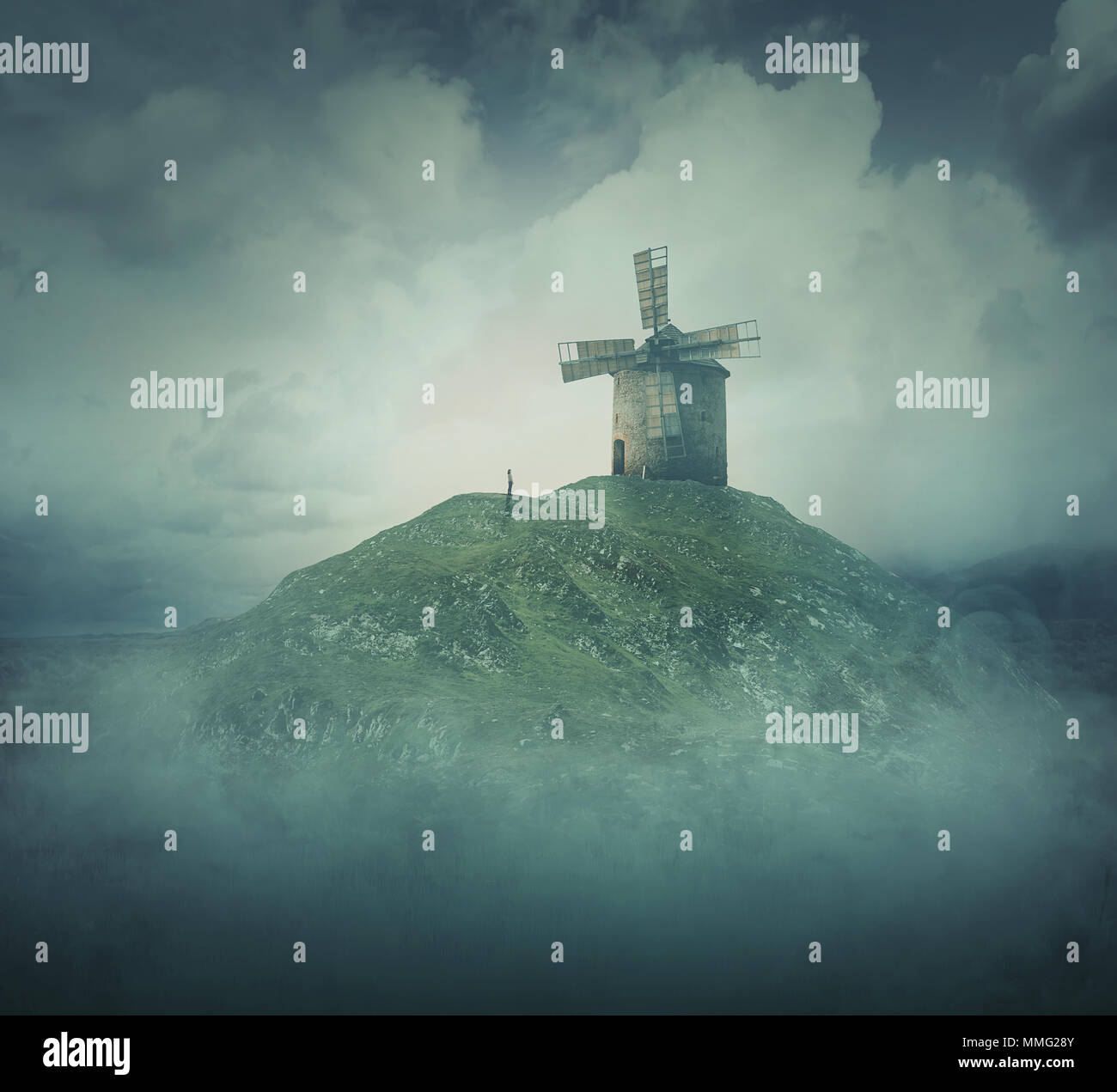 Scenery view as a wander girl silhouette stand in front of an old ...