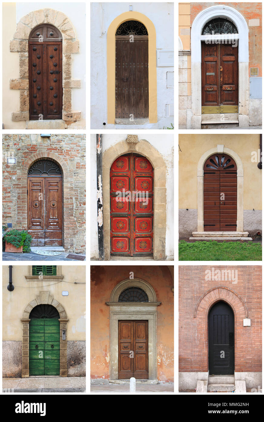 Collage of medieval front doors with rounded arch Stock Photo - Alamy