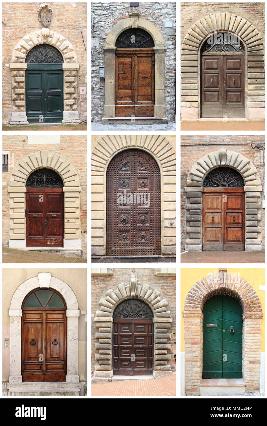 Collage of medieval front doors with rounded arch Stock Photo - Alamy