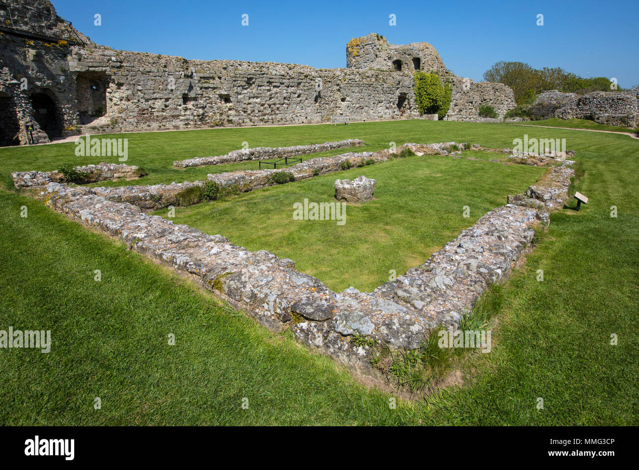 Inside the ruin of the historic Pevensey Castle in East Sussex, UK. It ...
