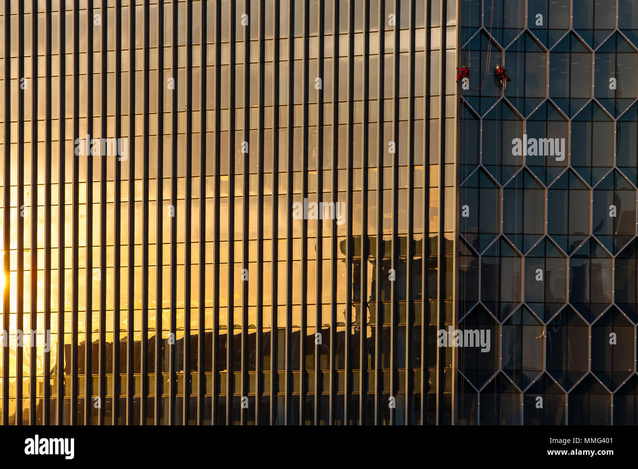 Two specialize window cleaners cleaning and washing a modern skyscraper ...