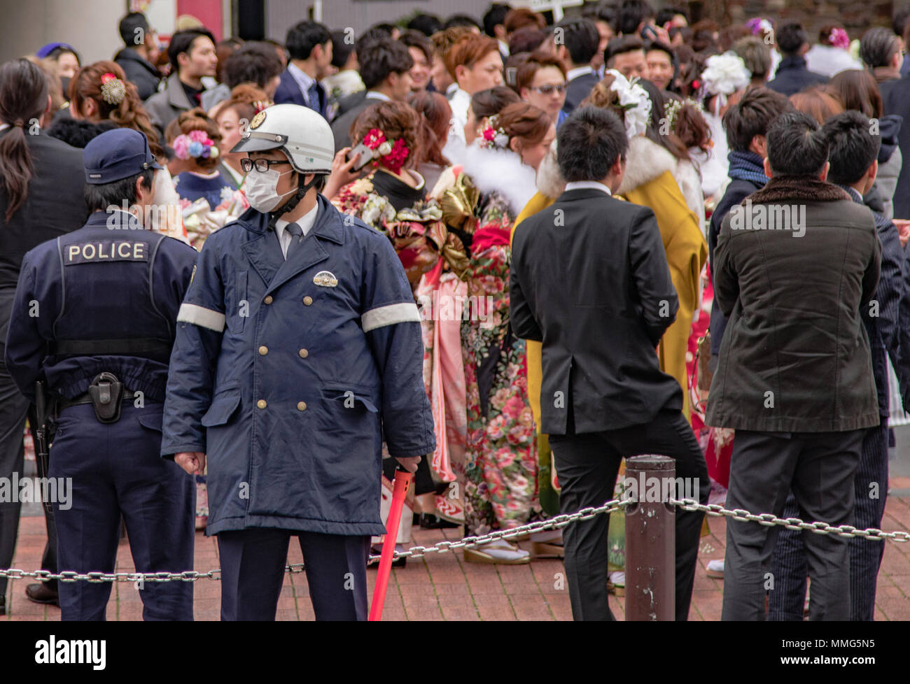 Sasebo, Japan - 07JAN2018: Police watch of crowd during the coming of ...