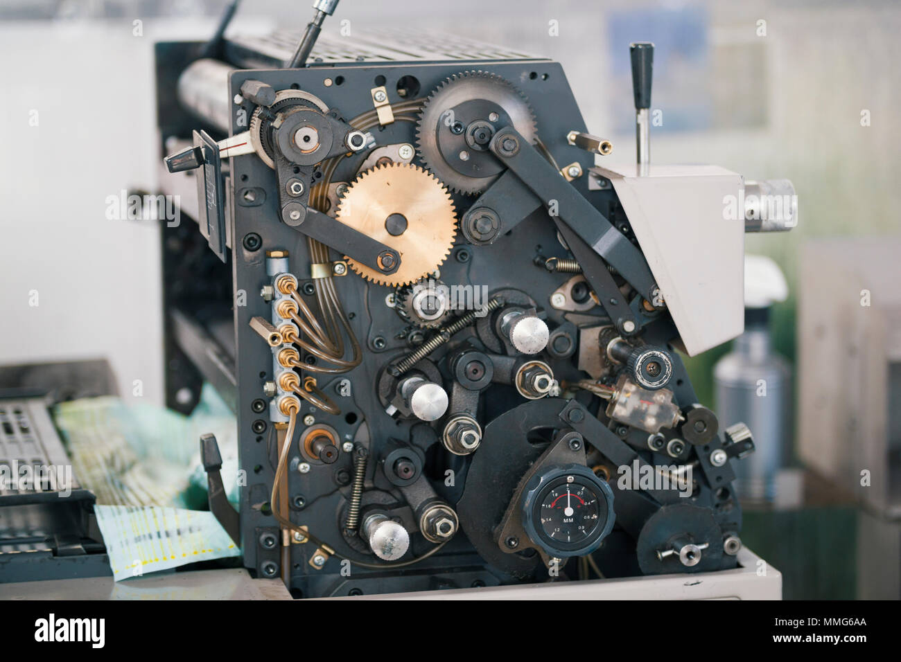 Mechanical elements of printing press machine in a printing plant Stock ...