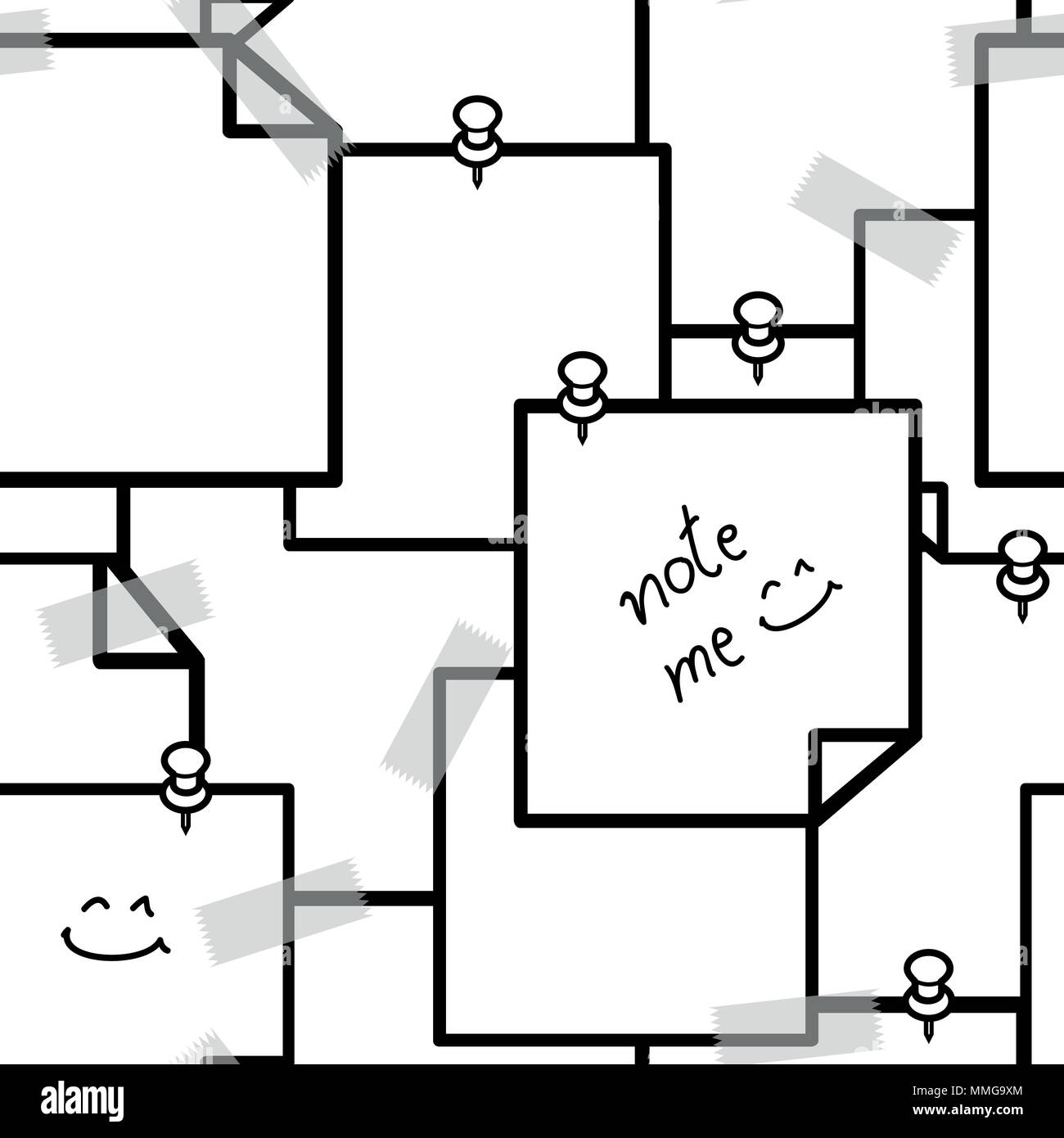 Cute various size of post it with pin in black outline layer on white ...