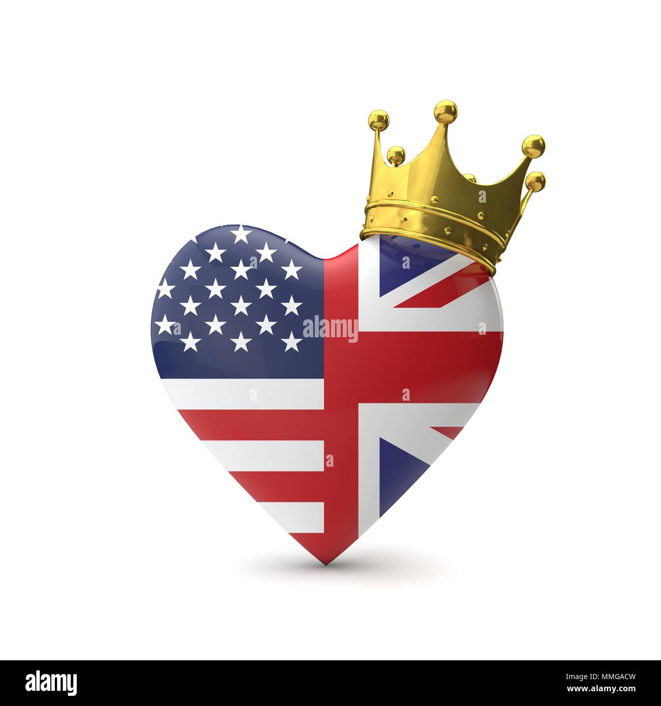 Heart shape with american and Great Britain flag with gold crown. Royal ...