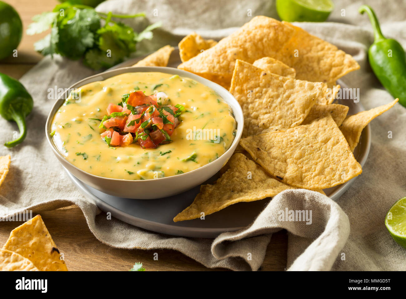 Spicy Homemade Cheesey Queso Dip with Tortilla Chips Stock Photo - Alamy