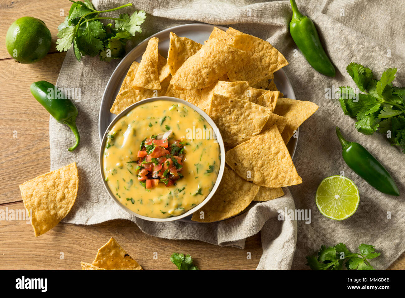 Spicy Homemade Cheesey Queso Dip with Tortilla Chips Stock Photo - Alamy