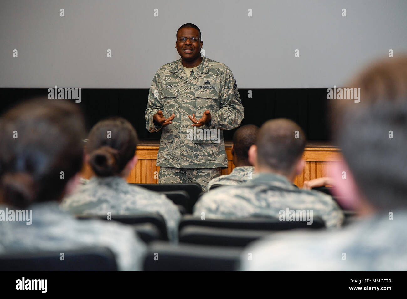 Chief Master Sgt. Henry Hayes, Jr., Hanscom command chief, speaks to ...