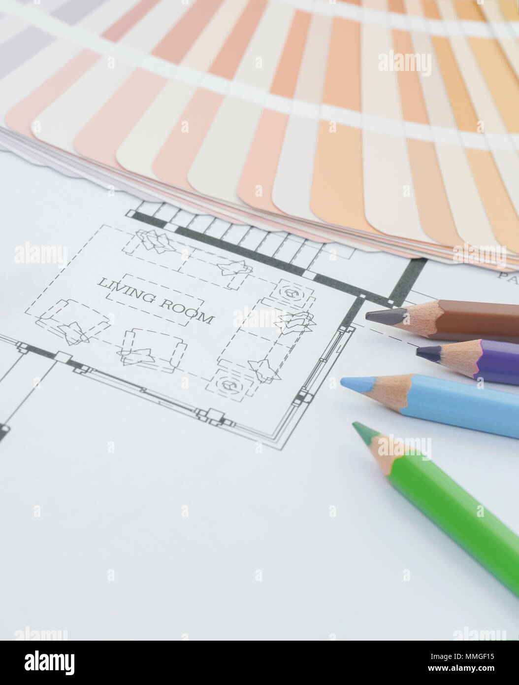 colors and material samples on architectural drawings of the modern ...