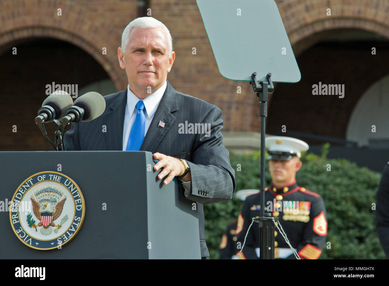 Vice President Mike Pence speaks during the Beirut Memorial Parade at ...