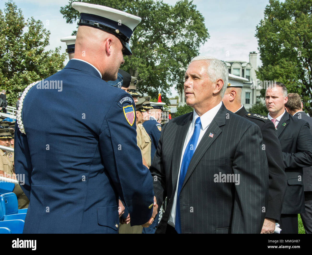 Vice President Mike Pence, right, greets U.S. military personnel after ...