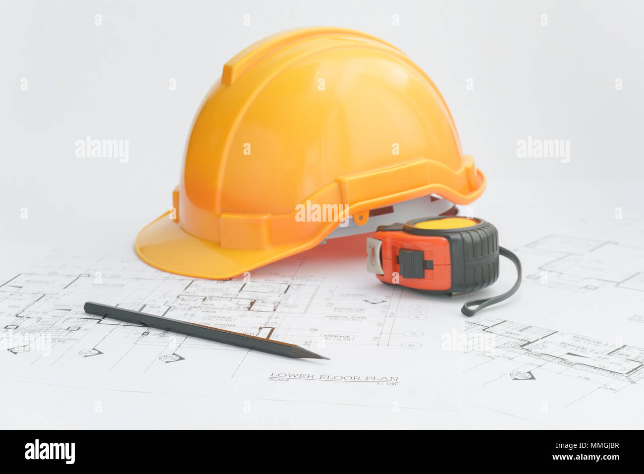 Architects workplace - architectural tools, blueprints, helmet ...