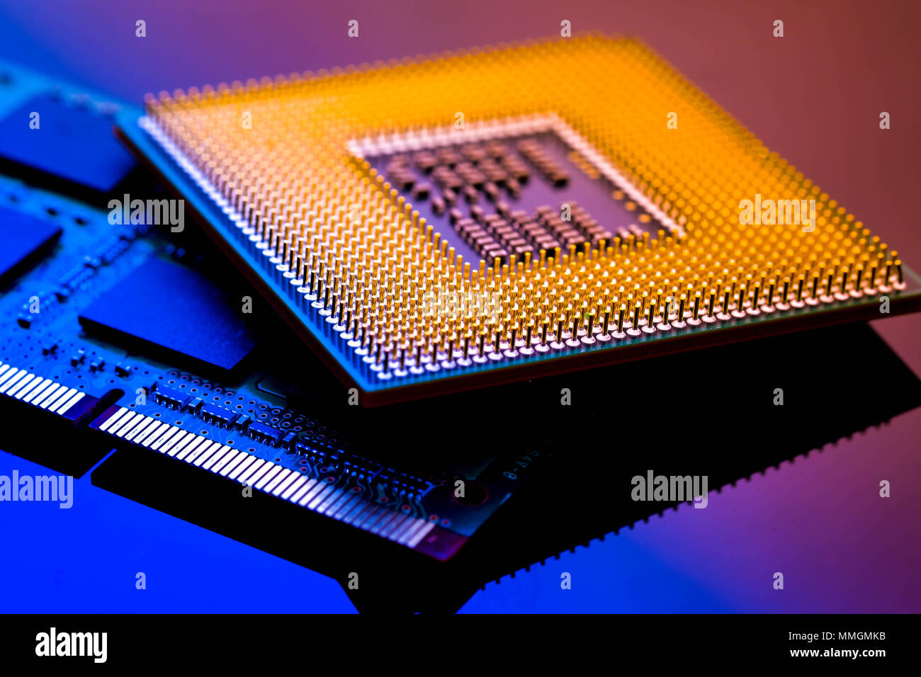 technology cyber electronic concept. cpu ram computer on blue light ...