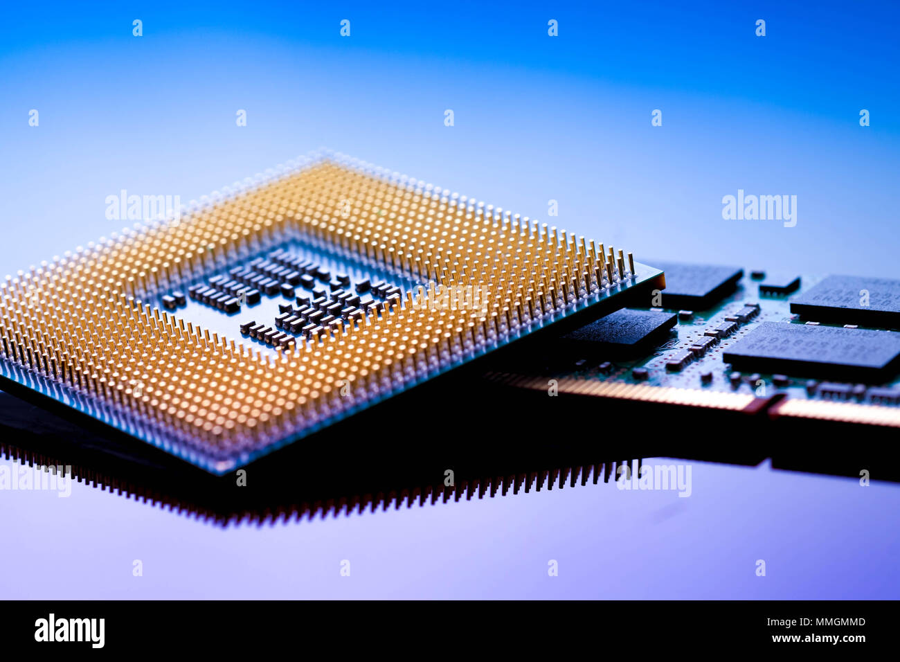 technology cyber electronic concept. cpu ram computer on blue light ...