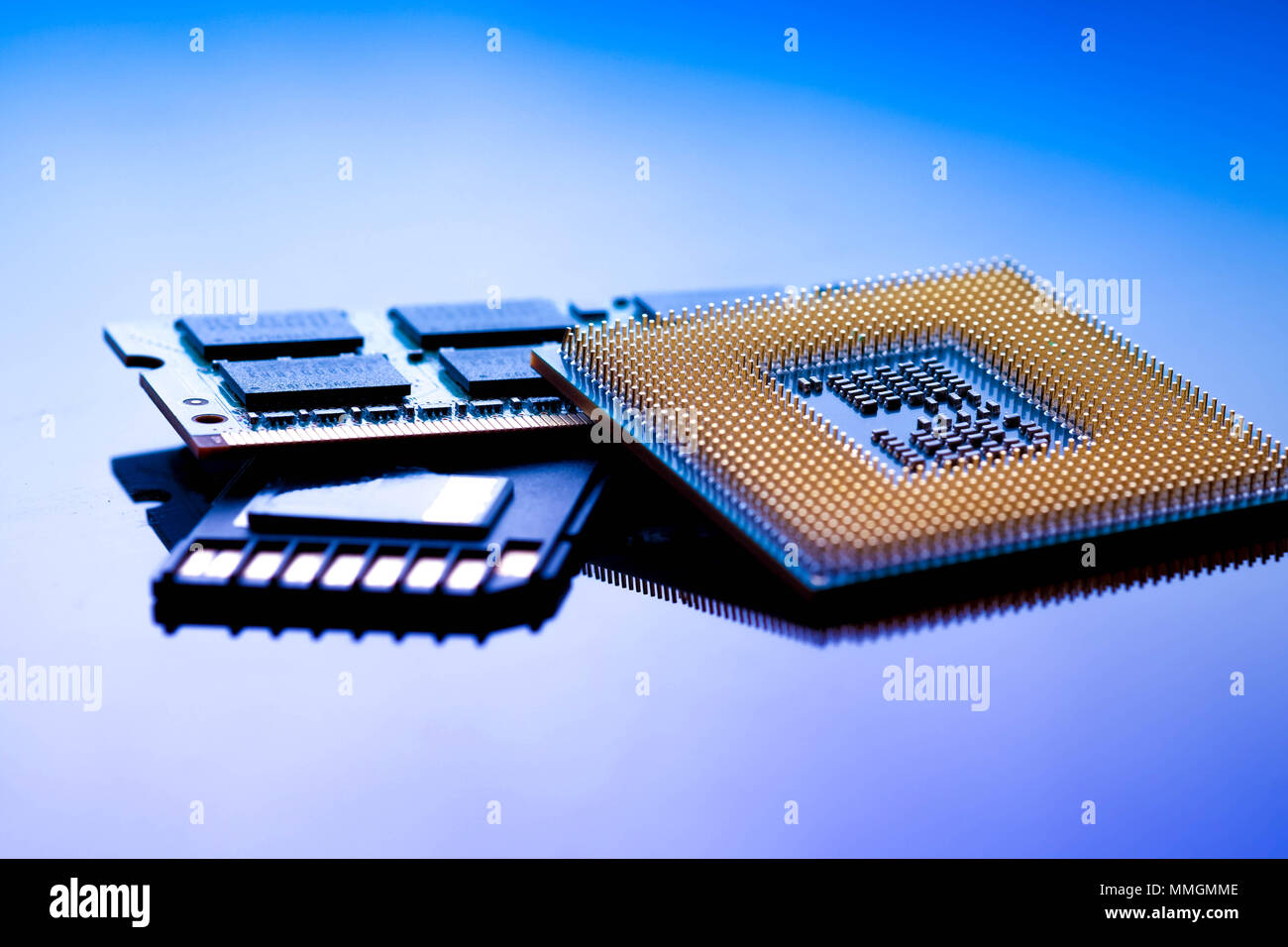technology cyber electronic concept. cpu ram computer on blue light ...