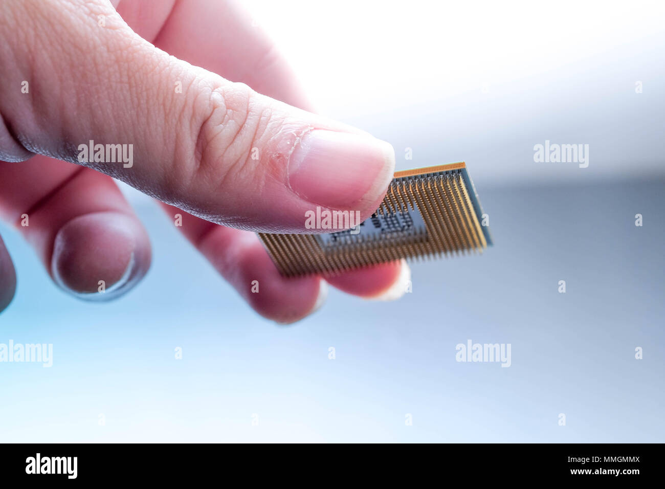 technology cyber electronic concept. cpu microprocessor chip in hand ...