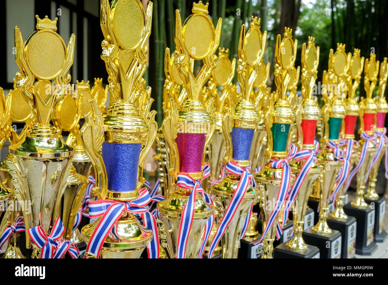 Group of the golden trophies Stock Photo - Alamy