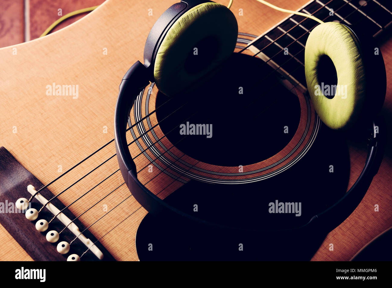 Close Up shot photo of Classic acoustic guitar with filter effect retro ...