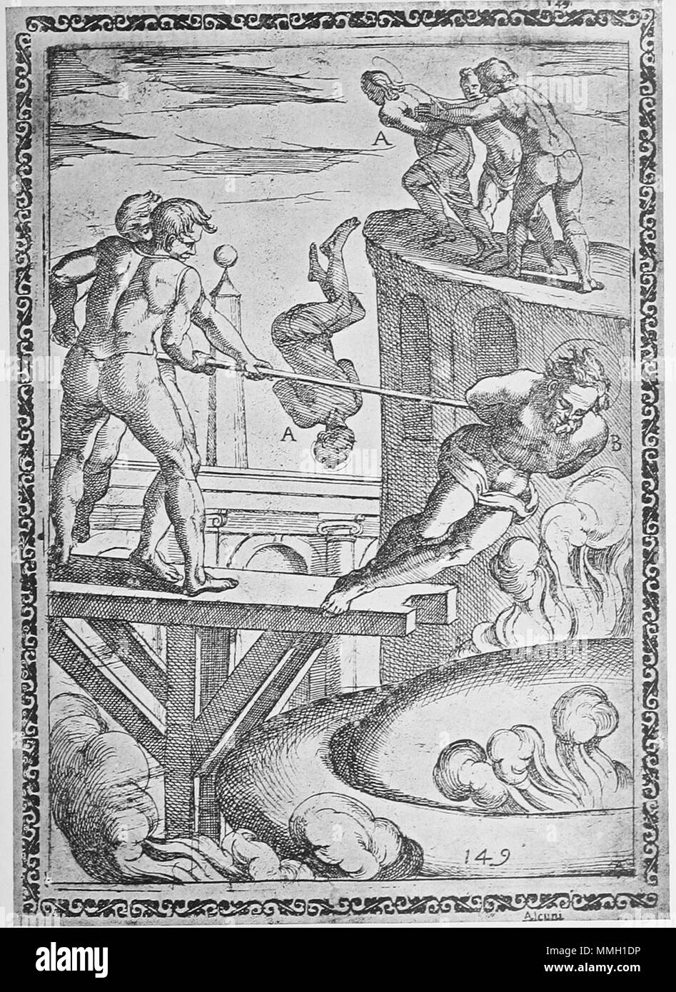 . English: Woodcut by Tempesta showing a torture/execution scene of ...