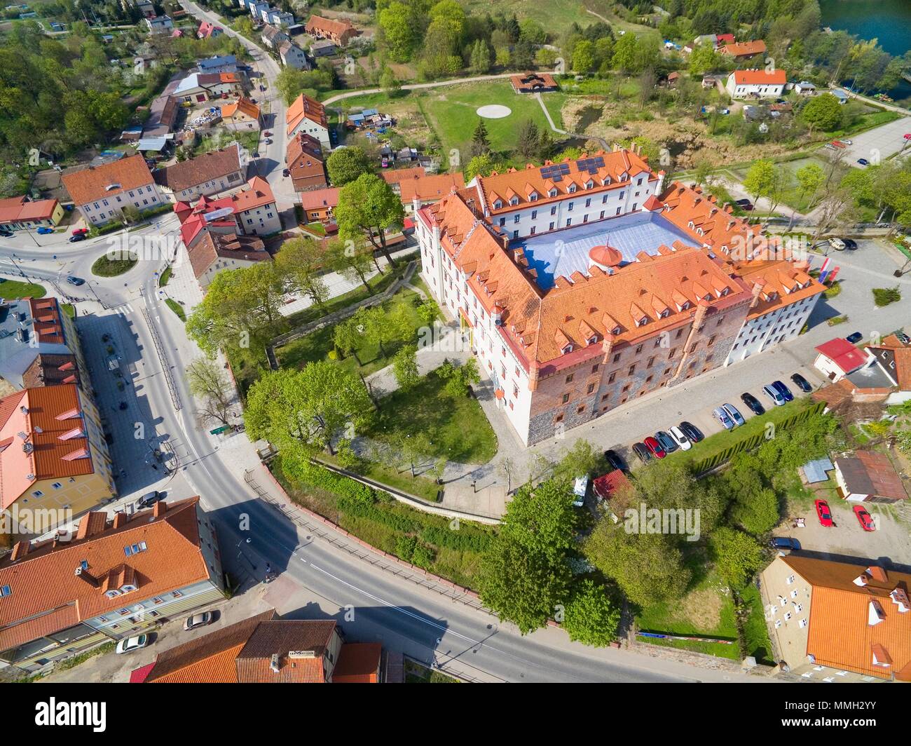 Aerial view of Ryn town, Poland (former Rhein, East Prussia). Medieval ...