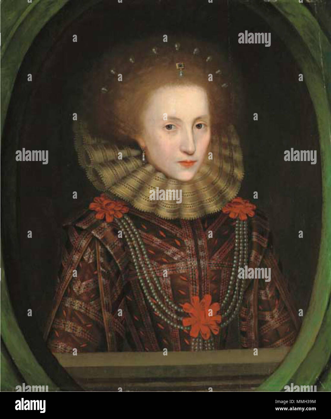 . English: Portrait of a Lady in a brown dress with red rosettes and ...