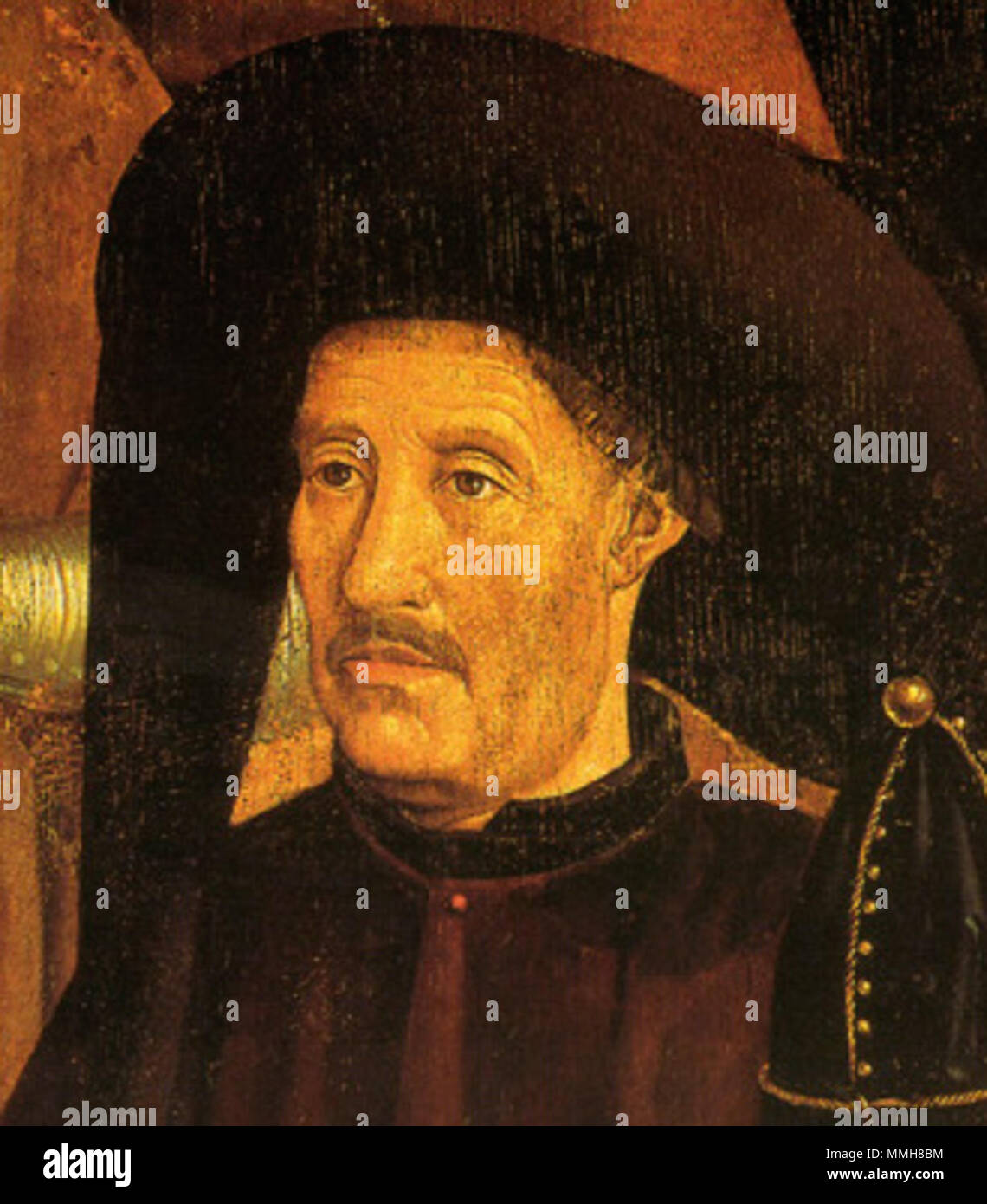 . English: Detail of standing man with moustache and Burgundian-style ...