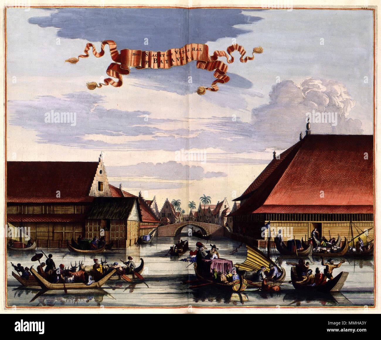 . Nederlands: Dit gezicht op het slachthuis van Batavia behoort bij het ...