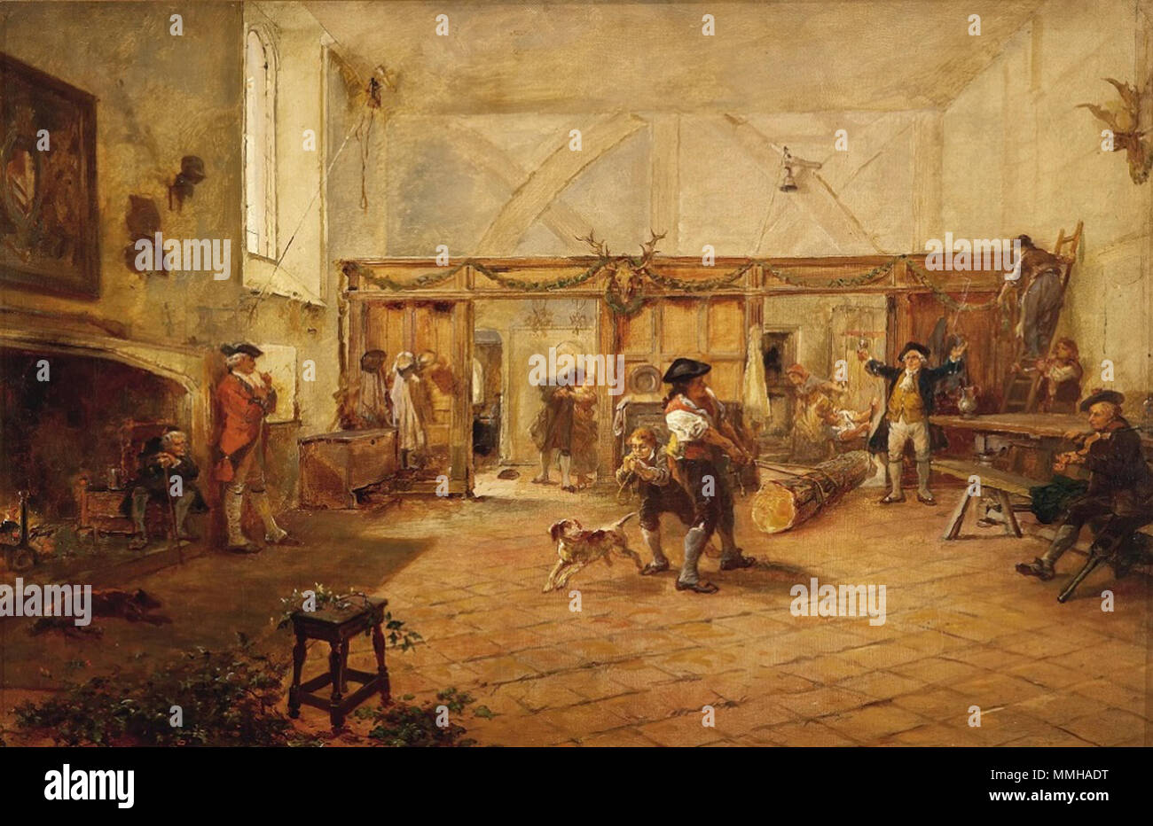 . English: Painting of the Yule Log being brought in at Hever Castle ...