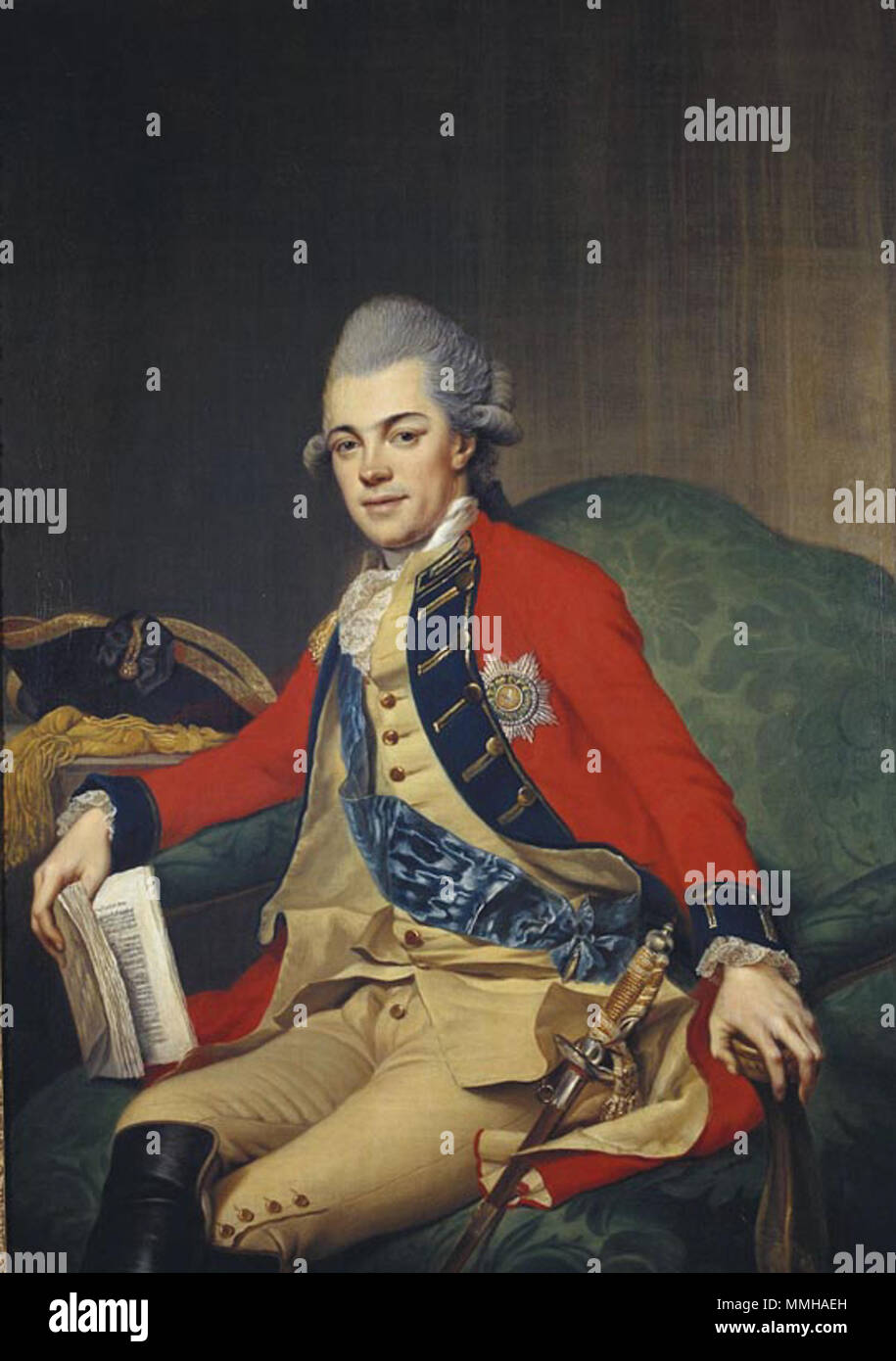 . English: Three-quarters length, seated, facing three-quarters to the ...