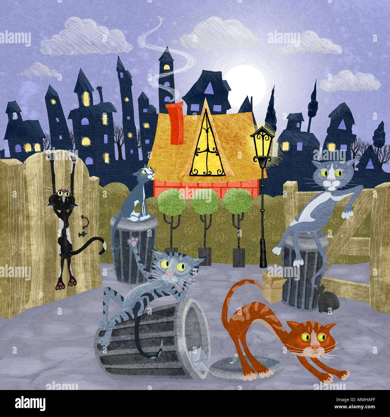 An illustration of alley cats in the city streets at night Stock Photo ...