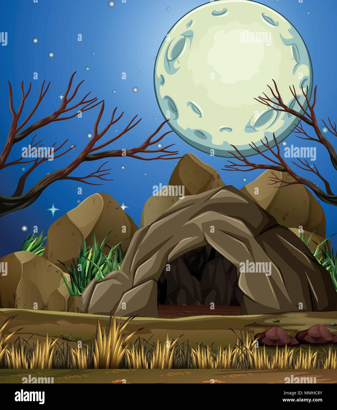 Stone Cave Under then Moon Light illustration Stock Vector Image & Art ...